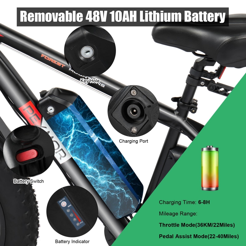 PEXMOR 26" Electric Mountain Bike, with 48V 10Ah Battery, 500W EBike ...