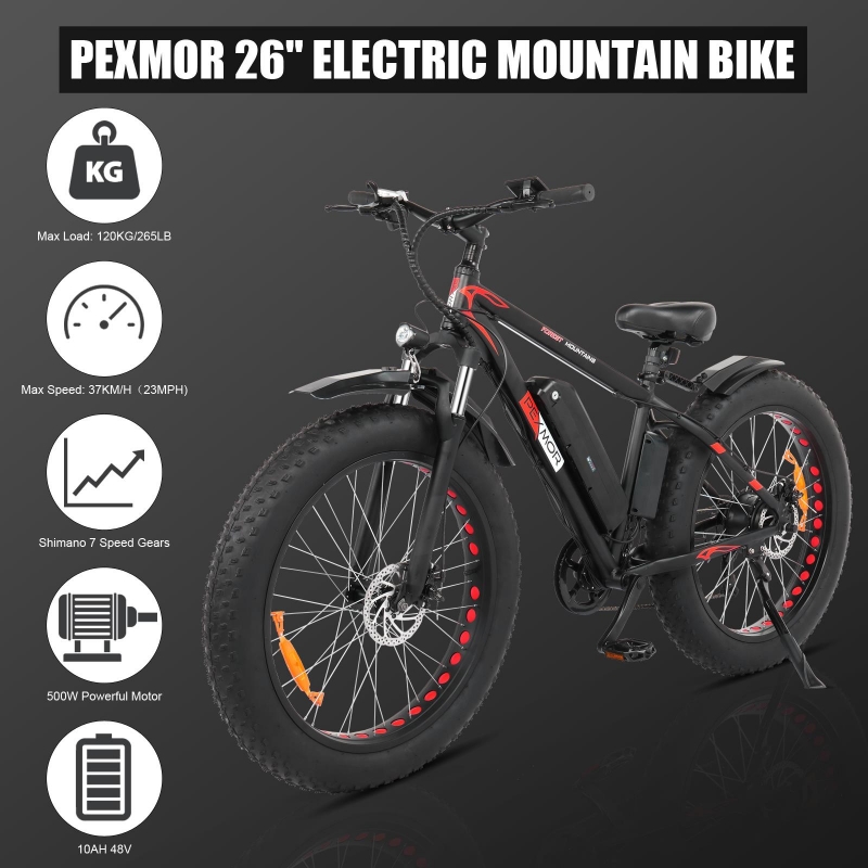 PEXMOR 26" Electric Mountain Bike, with 48V 10Ah Battery, 500W EBike ...