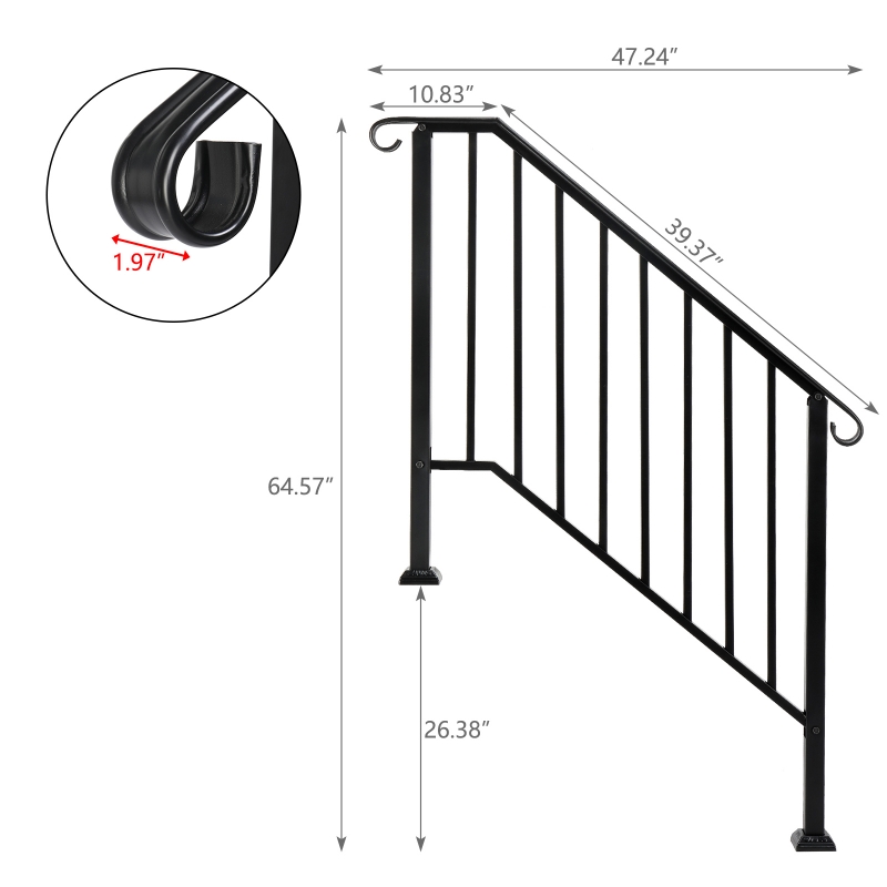 Zimtown Outdoor Hand 1-4 Step Wrought Iron Picket Handrail Black - zimtown